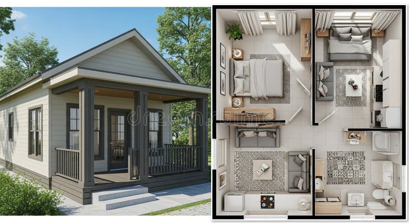 Exterior View of a Small House with a Floor Plan Showcasing Interior ...