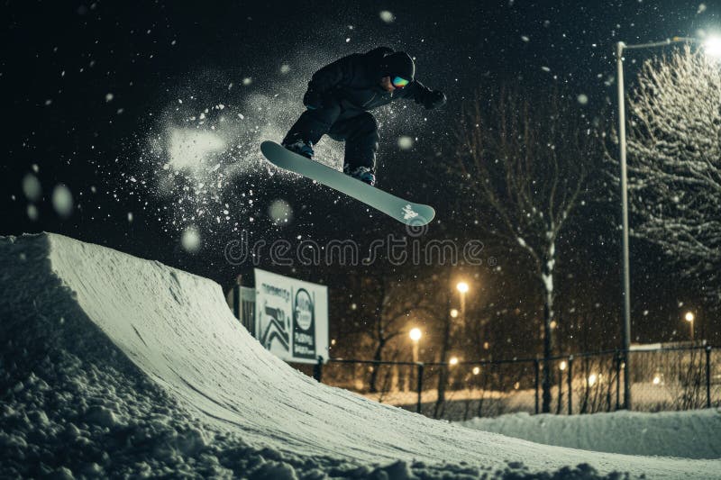 A Snowboarder Leaps High into the Night Sky. Snowflakes Dance Around As ...