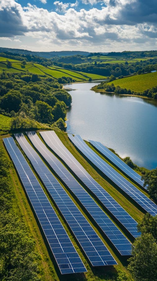 Aerial View of Solar Panels Along a Serene River. the Lush Green ...