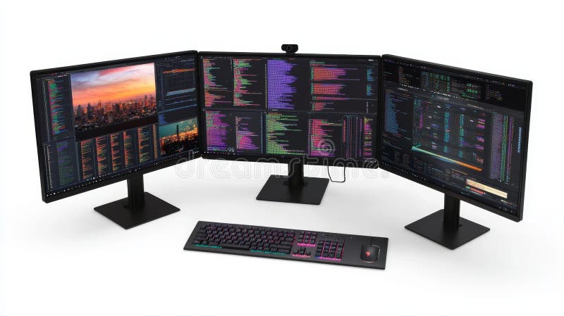 A Modern Workspace with Multiple Monitors. Ideal for Data Analysis or ...
