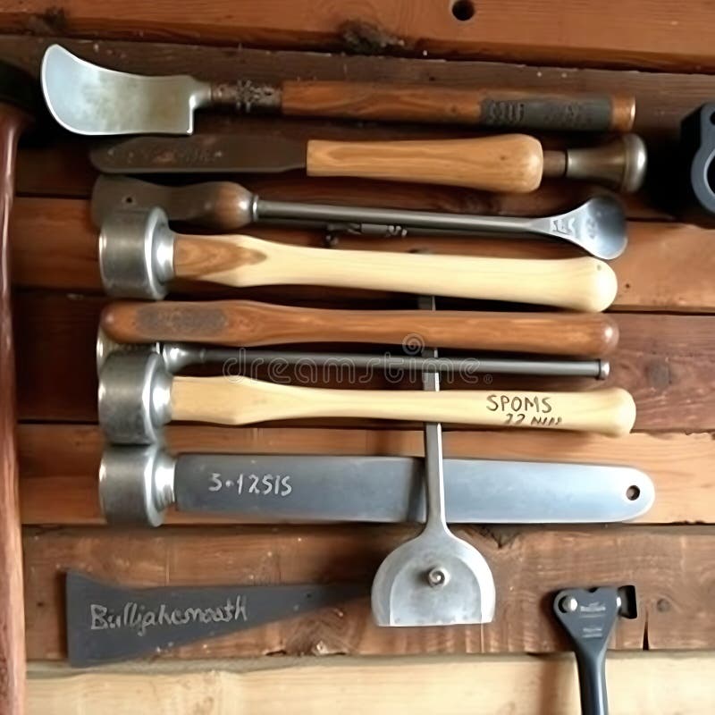A Stack of Polished Blacksmith Tools Hanging on a Barn Wall Stock ...