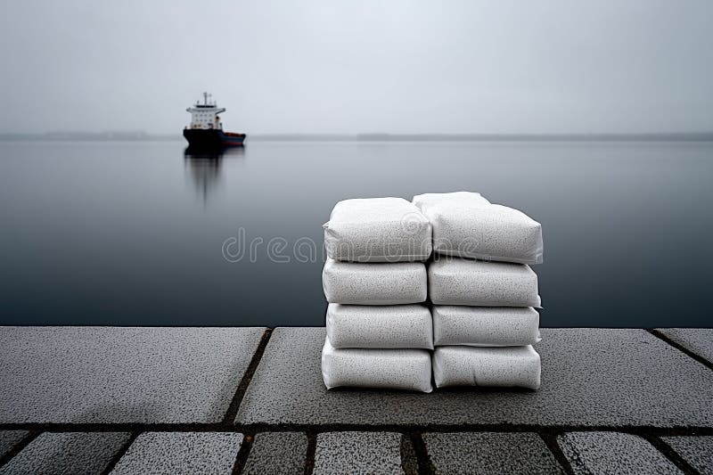 Image Showcases Stack of White Sacks Near Calm Body of Water with Ship ...