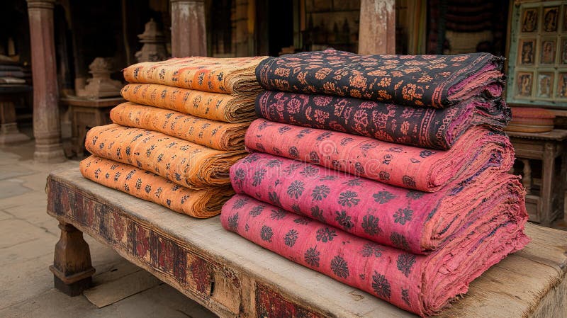 Stacks of Hand-Printed Textiles Stock Illustration - Illustration of ...