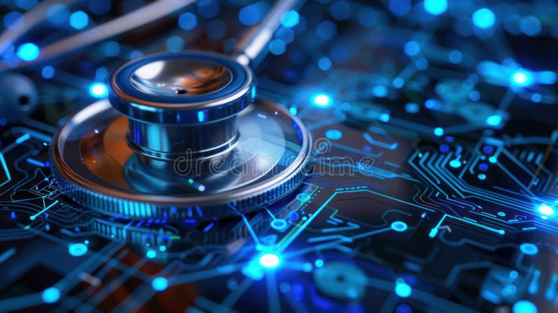 Medical Diagnosis on Digital Platform: Stethoscope on Tech Background ...