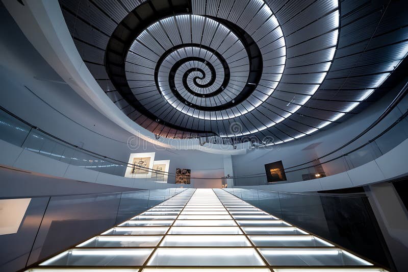 Modern Museum Interior with Spiral Ceiling and Illuminated Glass Floor ...