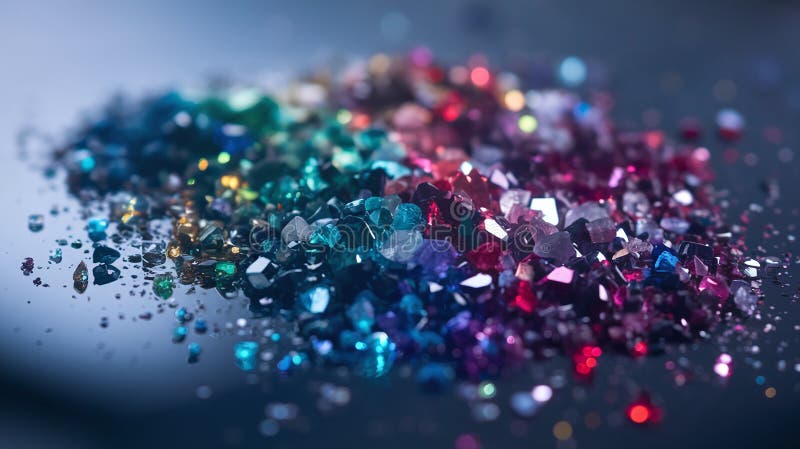 Multicolored Shimmering Jewel Fragments on Reflective Surface Under ...