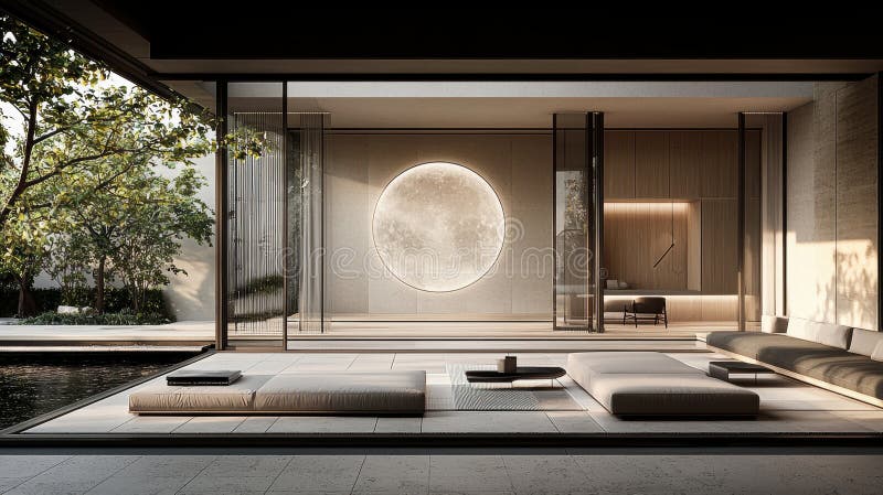Serene Minimalist Home Design with Moonlit Interior Stock Illustration ...