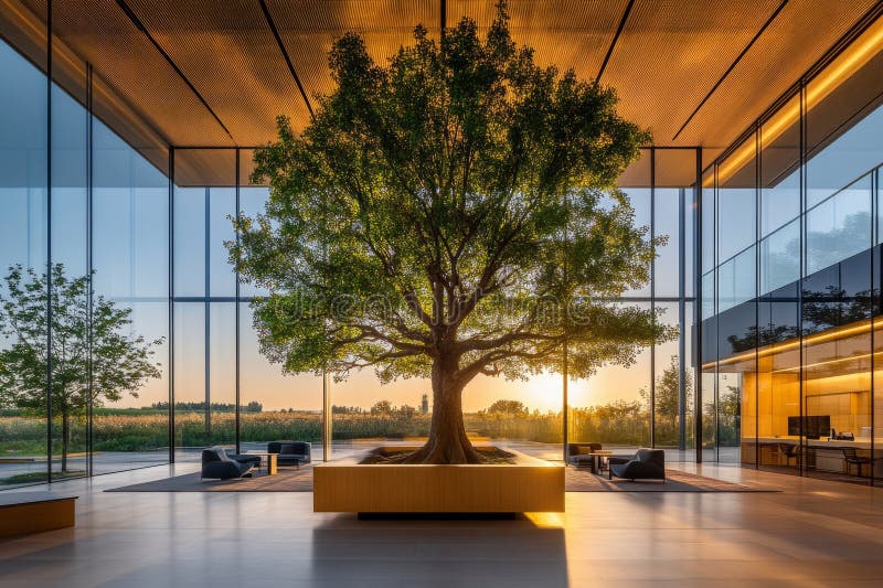A Modern Office Space Features a Large Tree in the Center. Natural ...