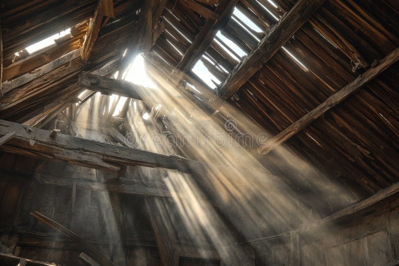Beautiful Rays of Sunlight Stream through an Old Wooden Roof. the ...