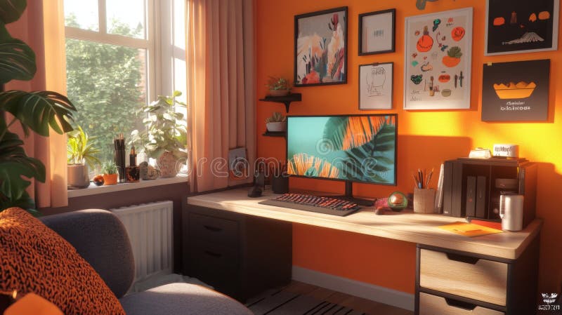 A Cozy Orange Workspace Filled with Creative Energy. the Room Features a Modern Desk, Vibrant ...