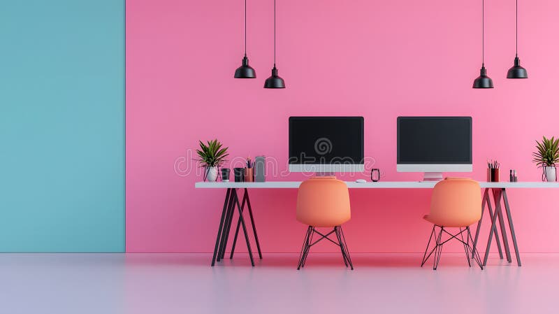 A Modern Office Setup Featuring Bright Colors and Functional Design for ...