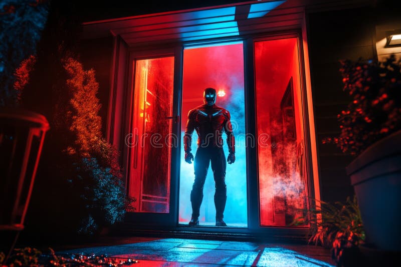 A Mysterious Figure Stands at a Doorway. the Scene Features Striking Red and Blue Lighting. the ...