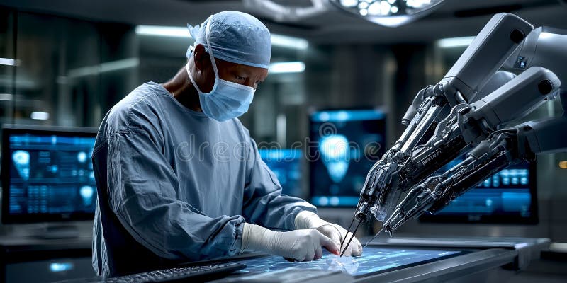 A Skilled Surgeon Operates with Advanced Robotic Assistance in a Modern ...