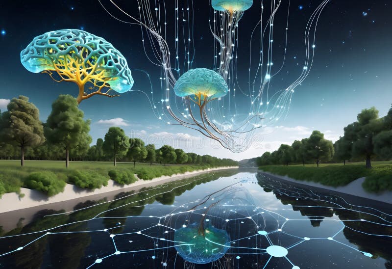 Surreal Neural Network: Floating Brain-Trees Above Reflective River ...