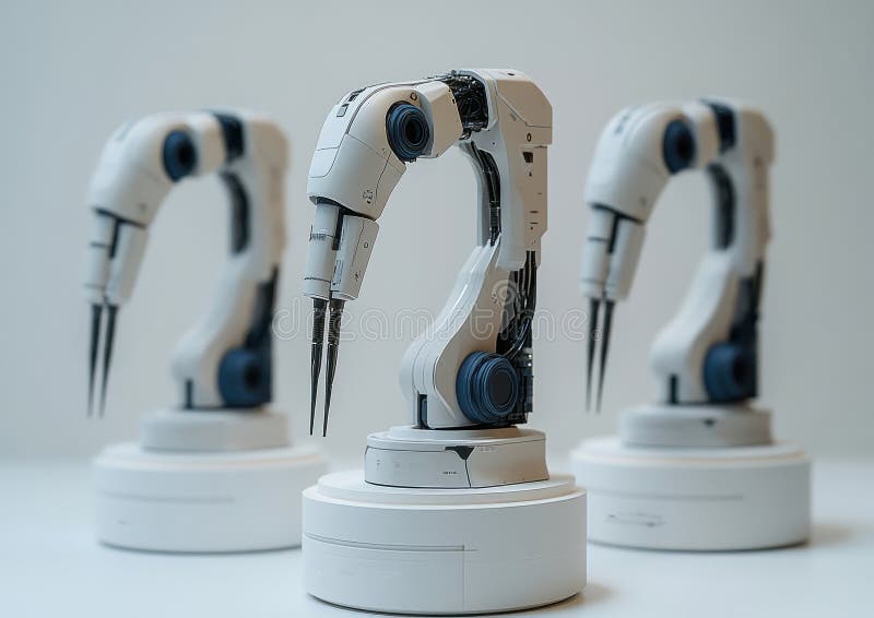 Futuristic Robotic Arms with Dual Tools in a Technical Setup Stock ...