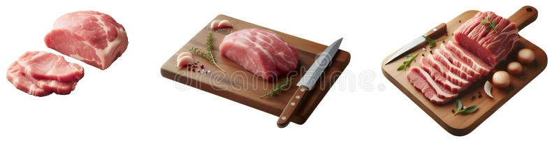 The Image Showcases Three Different Presentations of Raw Meat Isolated ...