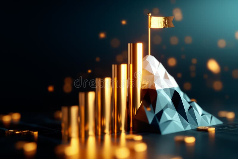 The Image Showcases a Three-dimensional Mountain with a Golden Flag at ...