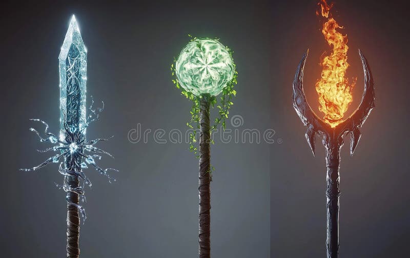 Three Magical Staffs Representing Ice, Nature, and Fire Powers ...