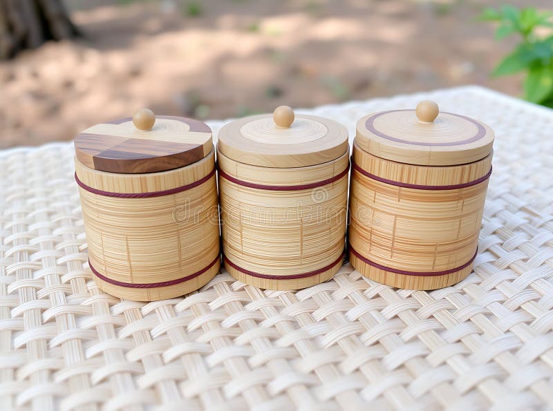 Three Bamboo Storage Containers on Woven Surface Outdoors Ai Generated ...