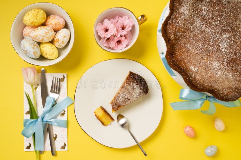 Traditional Easter Cream Cake on Yellow with Easter Decoration and ...