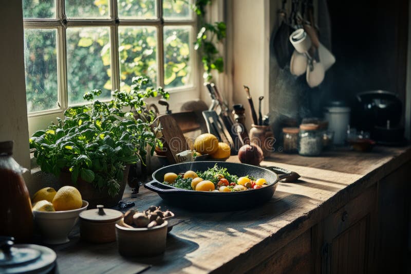 A Cozy Kitchen Scene Filled with Fresh Vegetables and Fruits. a ...