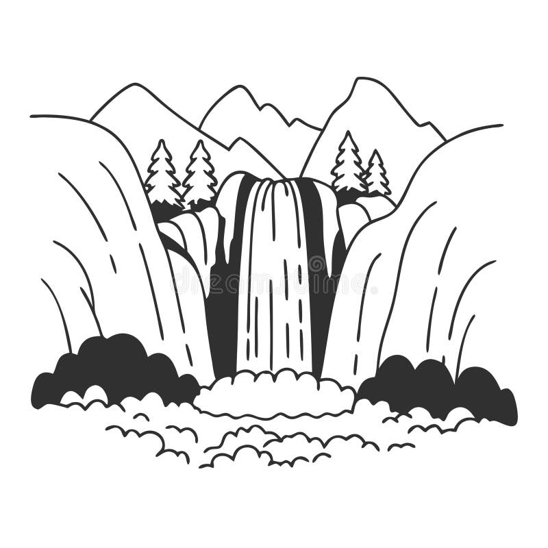 Scenic Waterfall Illustration with Mountains and Pine Trees Vector Art ...