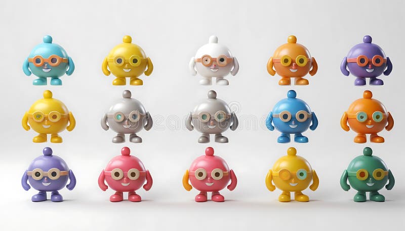 Charming Colorful Round Characters Wearing Glasses Arranged in Rows ...