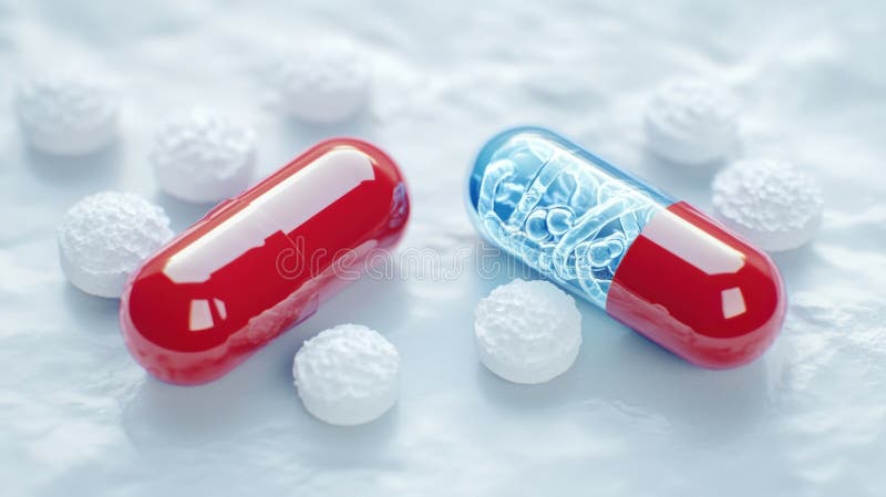 Red and Blue Capsules Surrounded by White Spherical Pills on a Textured ...