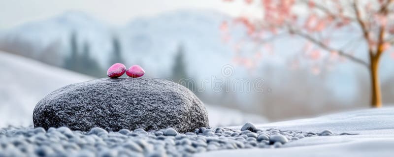 This Image Showcases Two Pink Objects on a Snow-covered Rock, Set ...