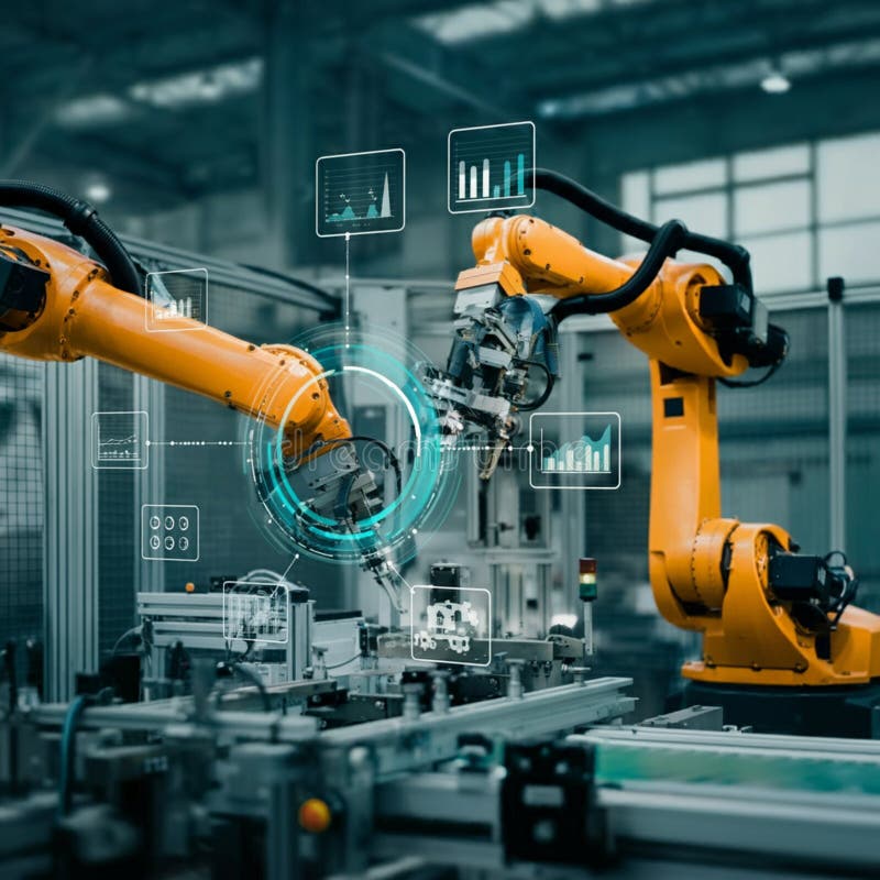 AI-Generated Image: Robotic Arms Operating Machinery with Data ...