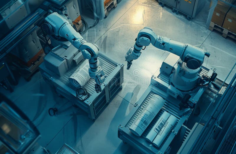 Aerial View of Robotic Arms in an Industrial Setting Conducting ...