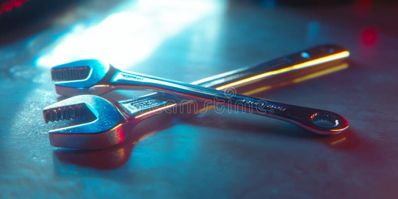 Shiny Metal Wrenches Crossed on a Cool Surface. the Image Captures the ...
