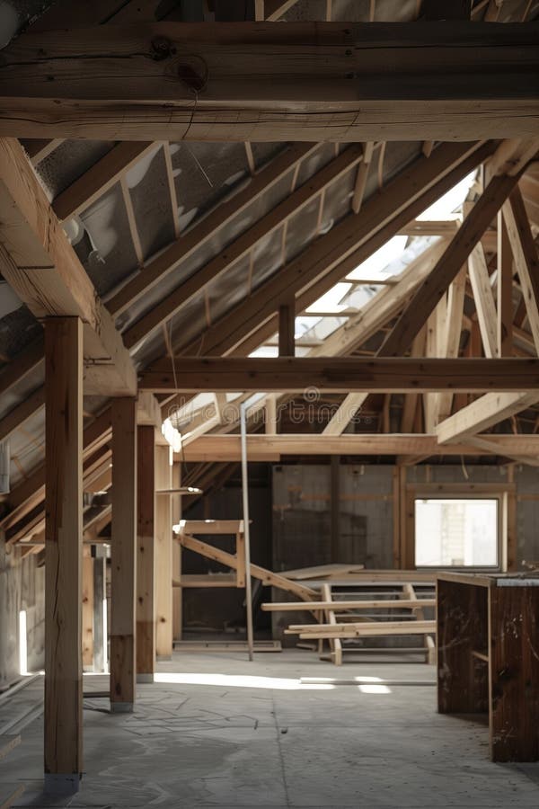 Unfinished Home Interior Under Construction with Exposed Wooden Framing ...
