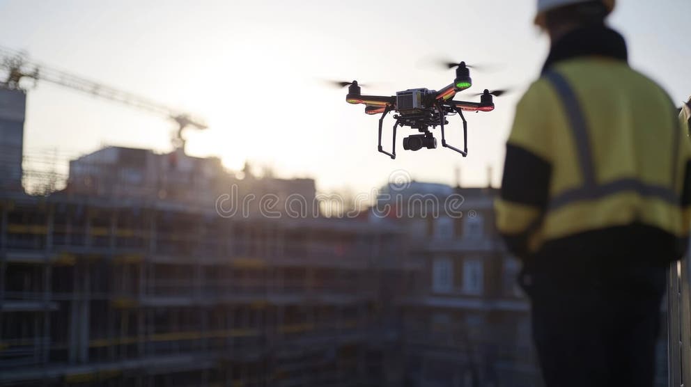 A Construction Worker Monitors a Drone Flying at Sunset. the Drone ...