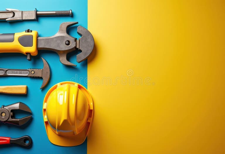 This Image Showcases Various Construction Tools and Equipment Against a ...