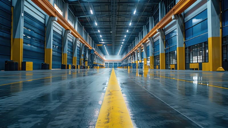 Vast Warehouse Space with Bold Yellow Line on Floor Stock Illustration ...