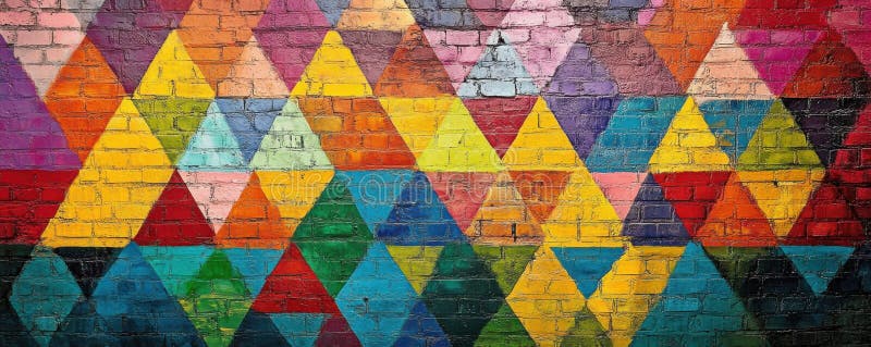 Colorful Geometric Patterns on a Vibrant Brick Wall Mural Stock Image ...