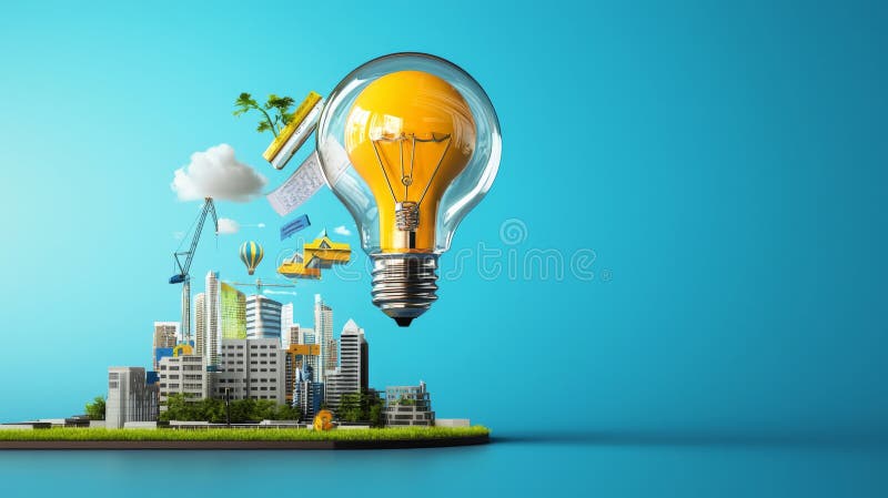 A Creative Cityscape Featuring a Light Bulb Surrounded by Miniature ...