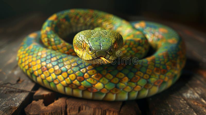 Vibrant Coiled Snake on Wooden Surface, Generative AI Stock Image ...