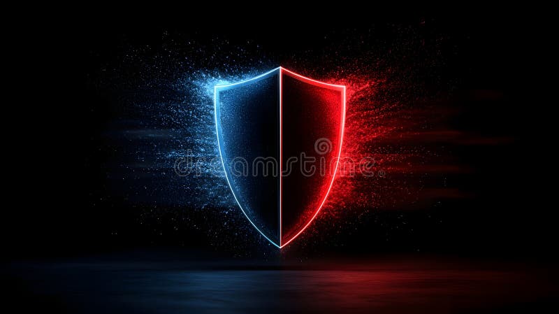 A Striking Neon Shield Splitting through Colorful Splashes of Blue and ...