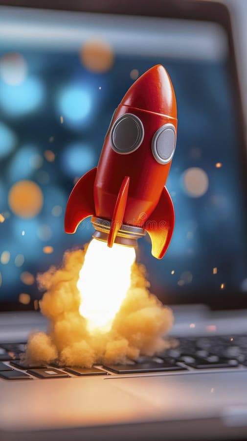Red Rocket Launching from a Laptop Computer Screen Stock Illustration ...