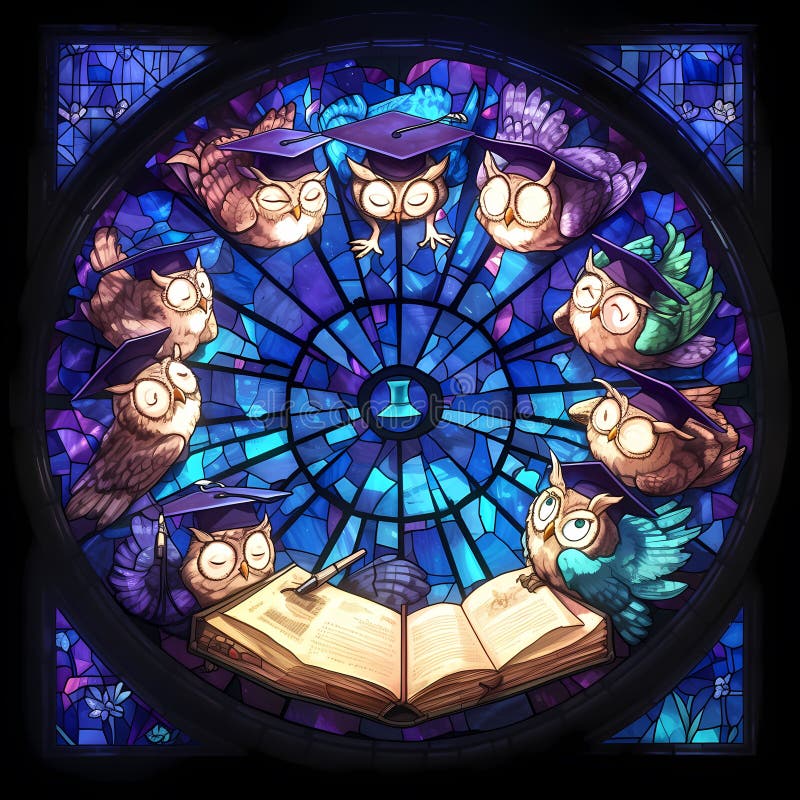 Educated Owls in Stained Glass Window, Academic Theme Stock ...
