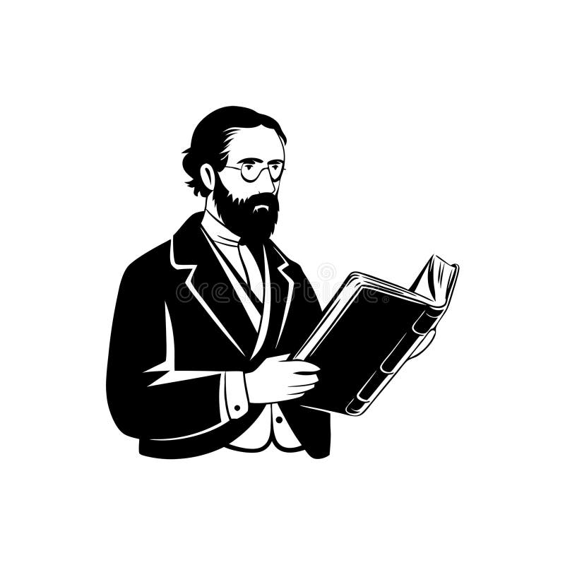 Vintage Scholar Reading Book Illustration in Classic Style Vector Art ...