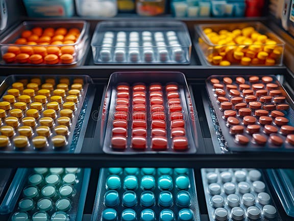 Colorful Array of Pill Boxes Neatly Arranged on a Table Stock ...