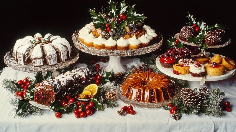 Festive Holiday Dessert Display with Cakes, Tarts, and Berries on ...