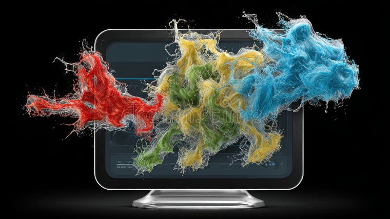 Colorful Abstract Smoke Art Emerging from a Computer Screen in Dark Background Stock ...