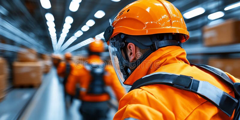 In a Busy Warehouse, Workers in Bright Orange Uniforms and Helmets are ...