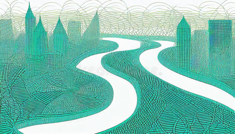 The Image Showcases a Wave-like Pathway Leading through a Grid of Blue ...