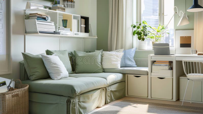 Cozy and Compact Living Room with Integrated Workspace and Natural ...