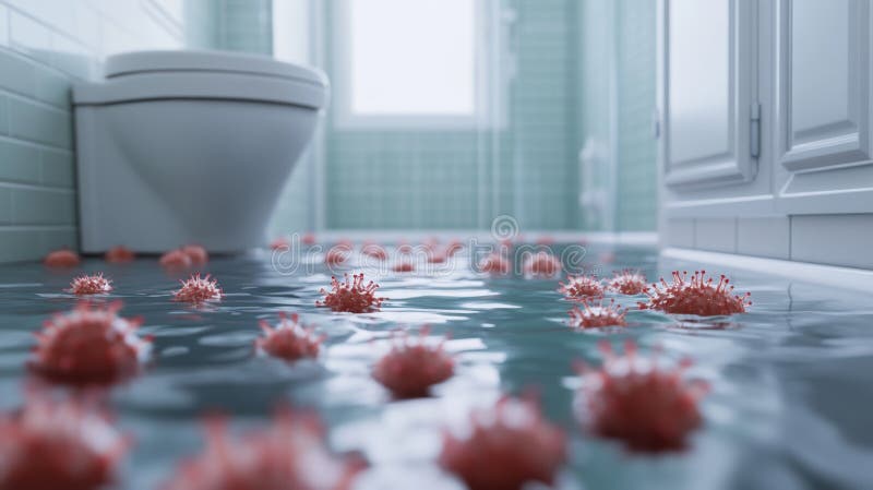 Germs Spreading on Wet Bathroom Floor with Water and Contamination ...
